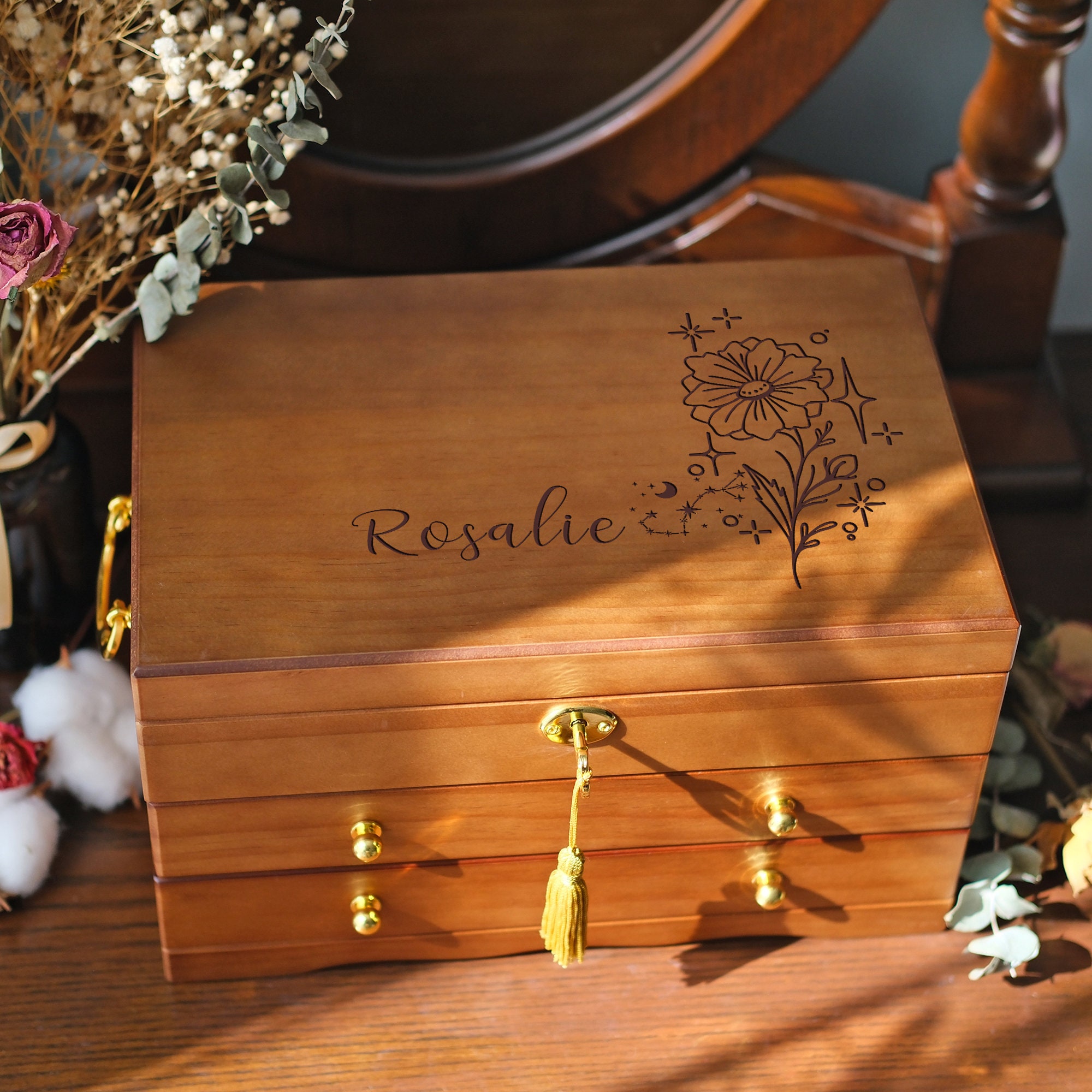 Personalized Wooden Jewelry Box, Custom Engraved Wooden Birth Flower ...