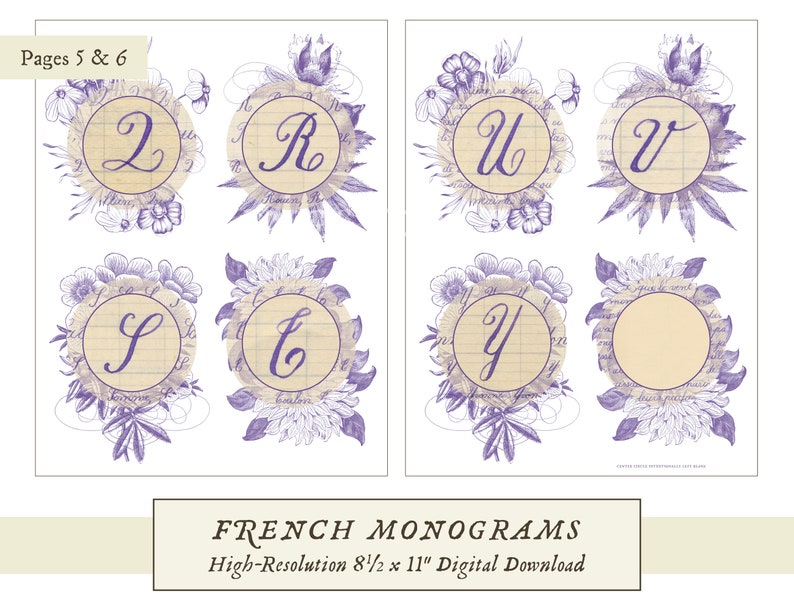 French Monograms Printable Digital Download for Journals, Greeting ...