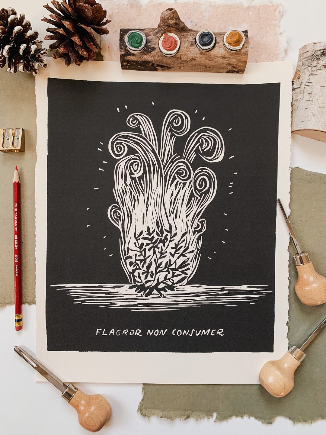 Burning Bush Block Print | Art Print | Lino Print | Hand Printed | Wall ...