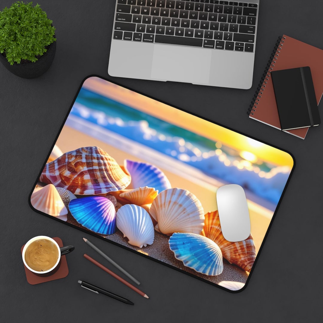 Coastal Sunset Seashell Desk Mat, Ocean Aesthetic Mouse Pad, Summer ...