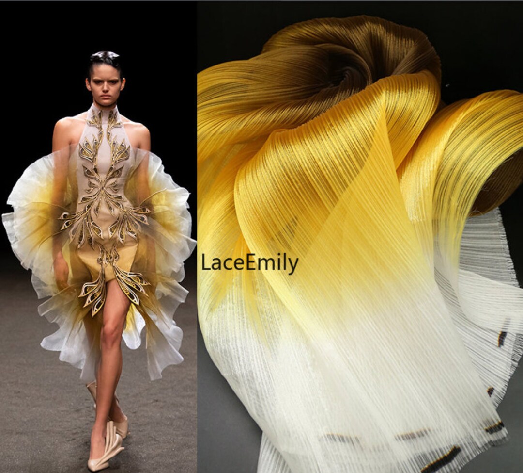 5 Colors Yellow Gradient Pleated Organza Fabric Green Ruffled Organza ...