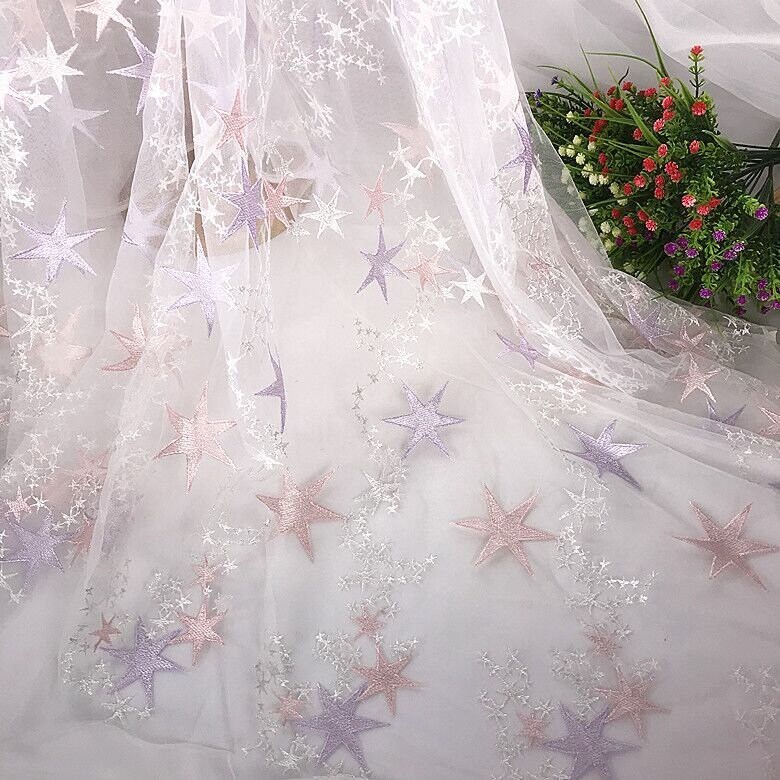 4 Colors Star Embroidered Lace Fabric, Star Soft Tulle Lace for Girl ...