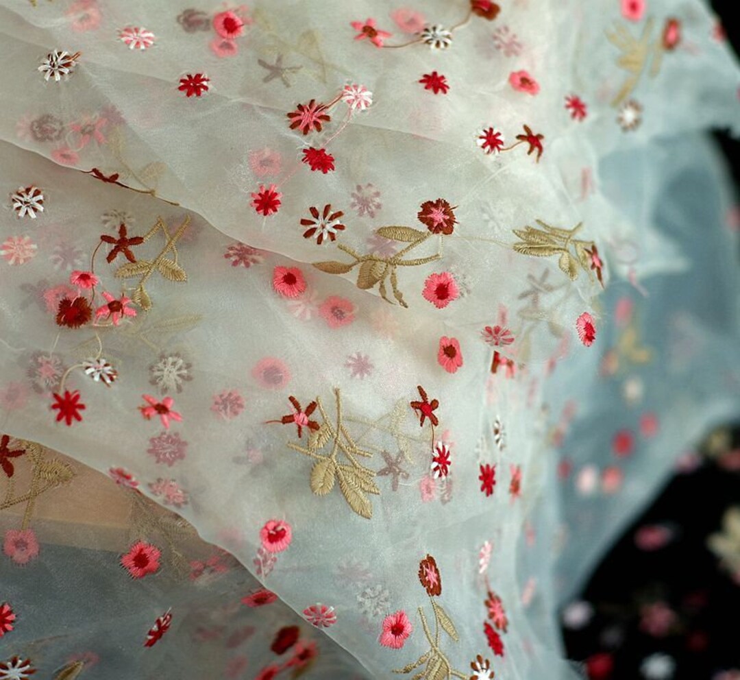 Red Flower Embroidered Organza Lace Fabric Small Floral Soft Organza ...