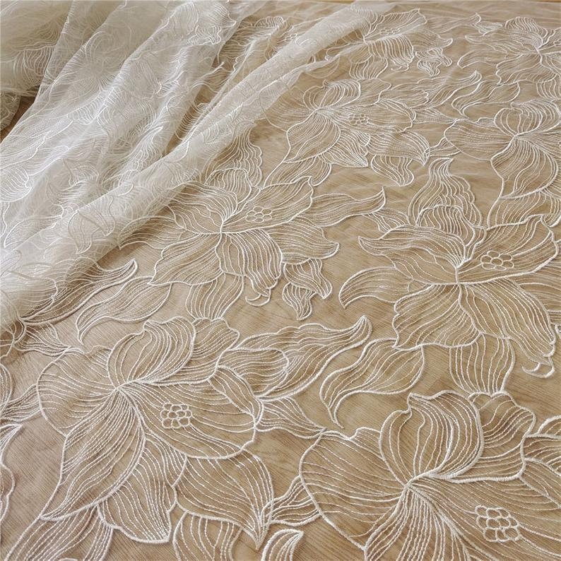 Flower embroidery Lace Fabric Ivory floral tulle Fabric For | Etsy