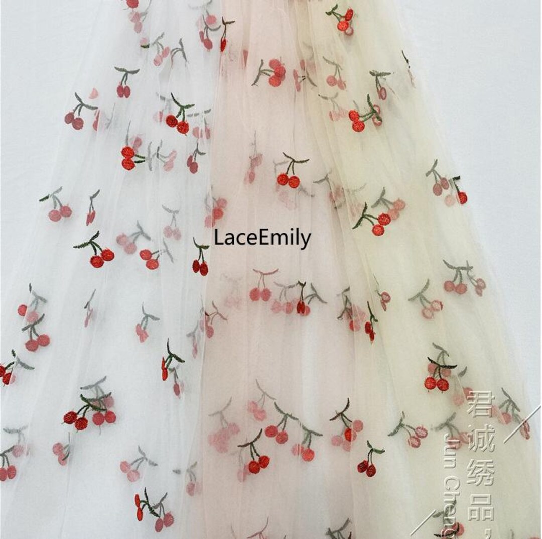 3 Color Lovely Cherry Embroidered Lace Fabric Cherry Soft Tulle Fabric ...