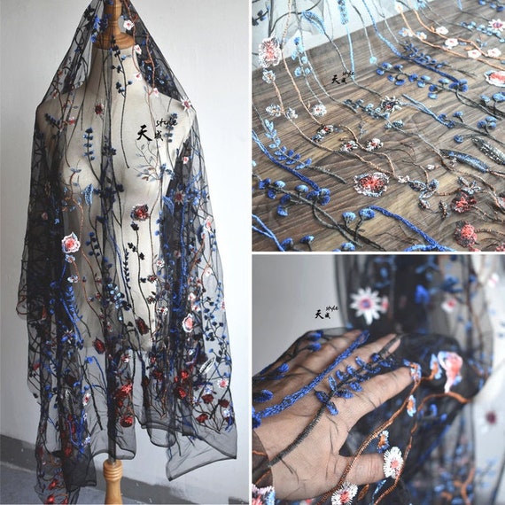 Exquisite Blue Flower Embroidered Lace Fabric Floral Blue | Etsy