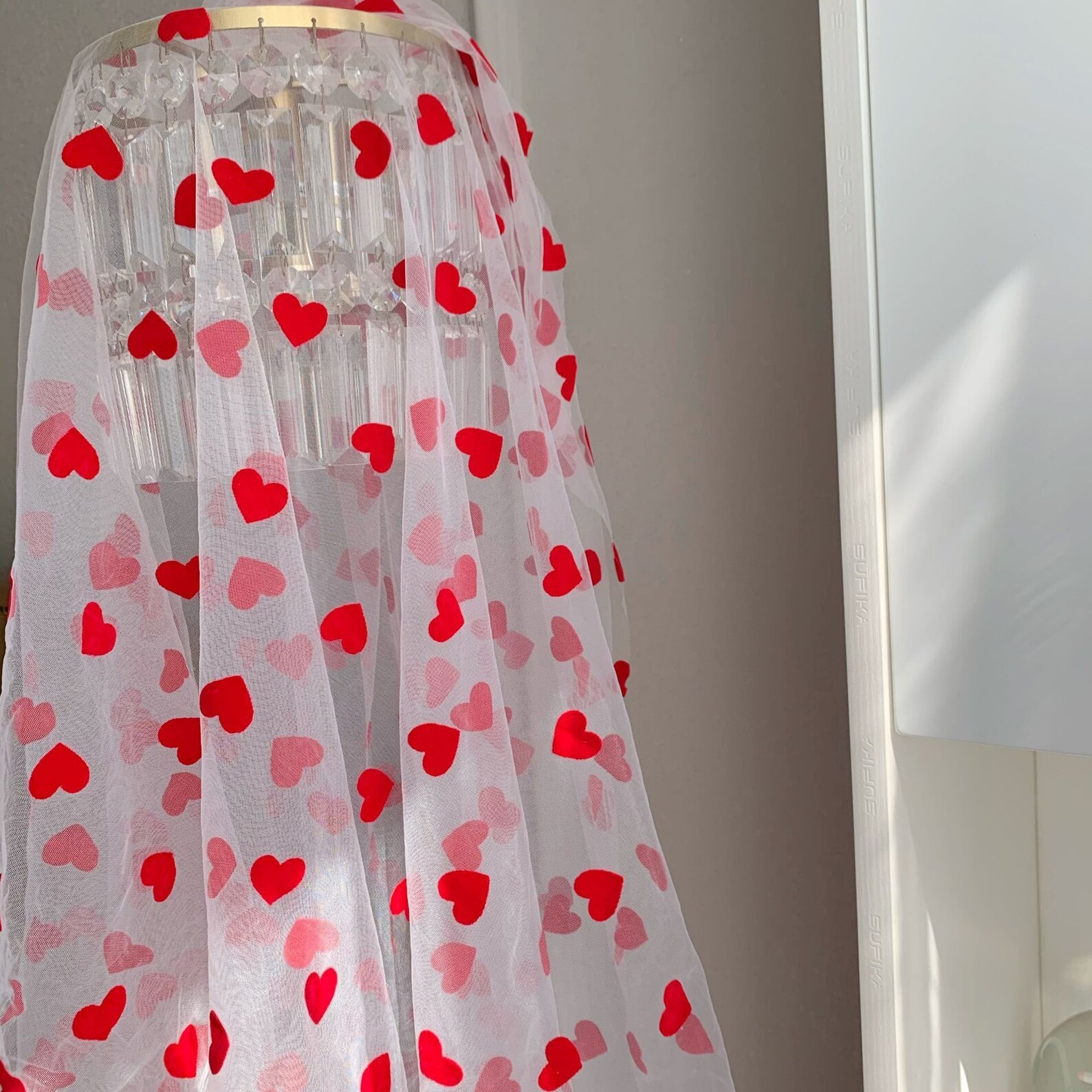 Red Heart Flocking Lace Fabric Heart Flocked Black White Soft Tulle ...