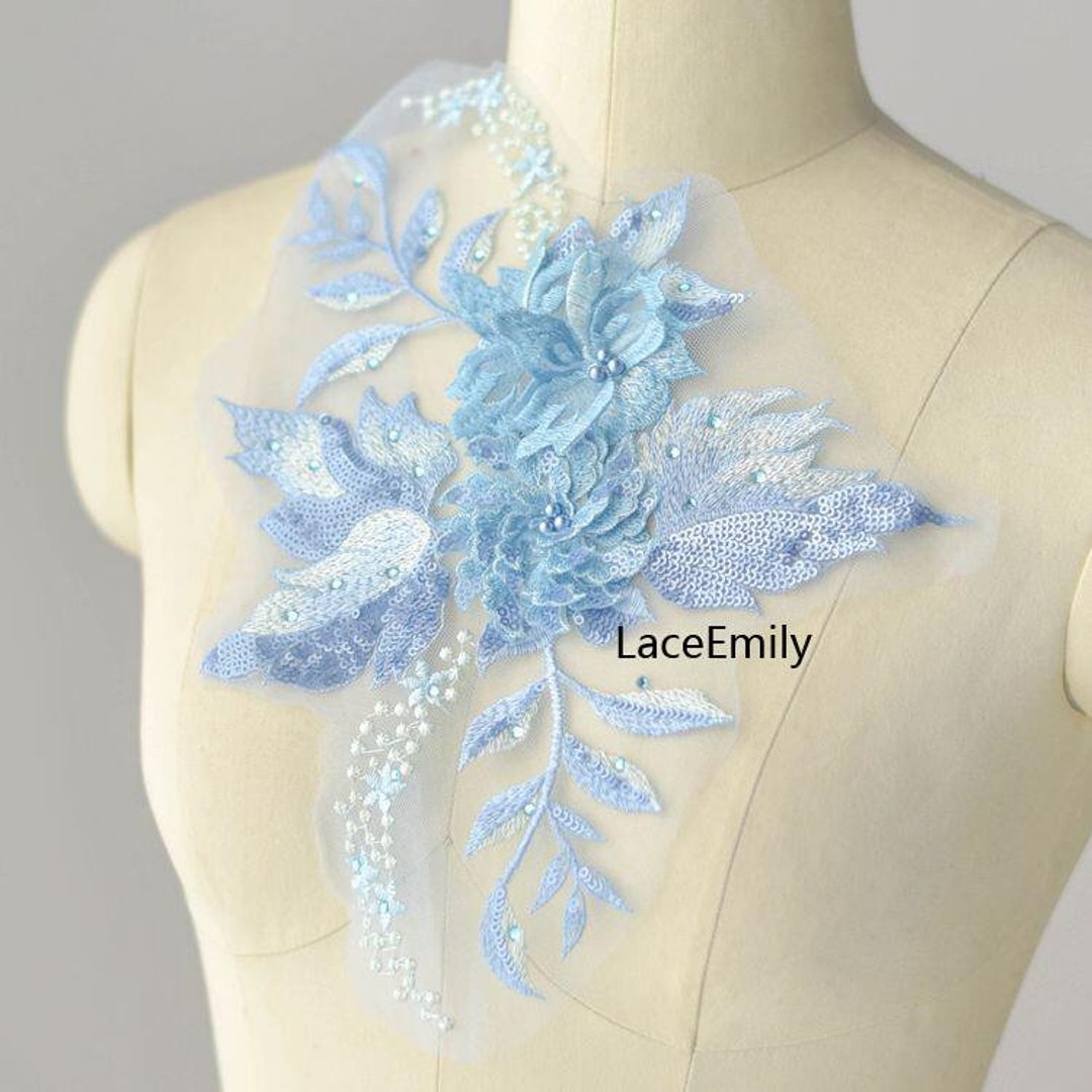 3 Colors Sequins Flower Lace Applique Light Blue Flower Embroidery ...