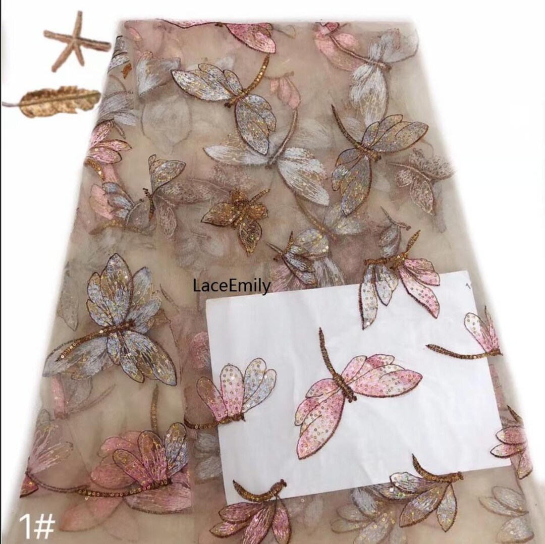 4 Colors Sequins Dragonfly Embroidery Lace Fabric Dragonfly Mesh Tulle ...