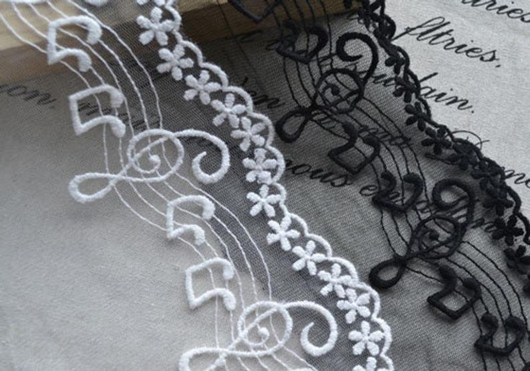 2 Yards White Black Musical Embroidery Alice Lace Trim, Musical Note ...