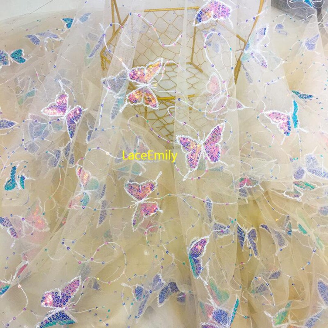 Butterfly Fabric, Soft Tulle Butterflies Embroidered Lace Fabric ...