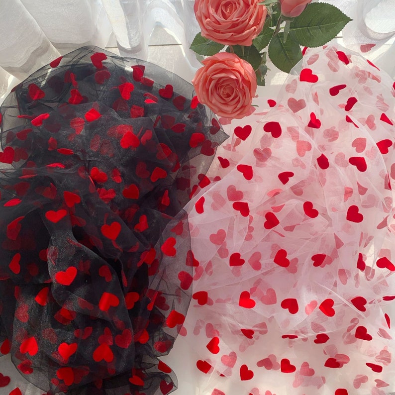 Red Heart Flocking Lace Fabric Heart Flocked Black White Soft Tulle ...