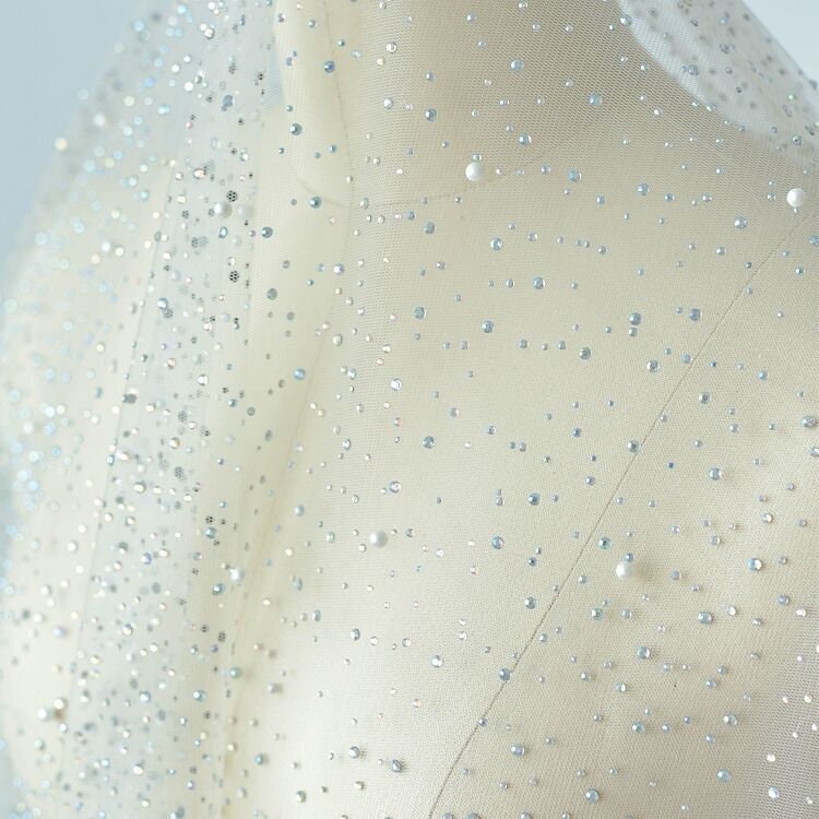 Colorful Rhinestone Pearl Beaded Lace Fabric White Nude Tulle | Etsy
