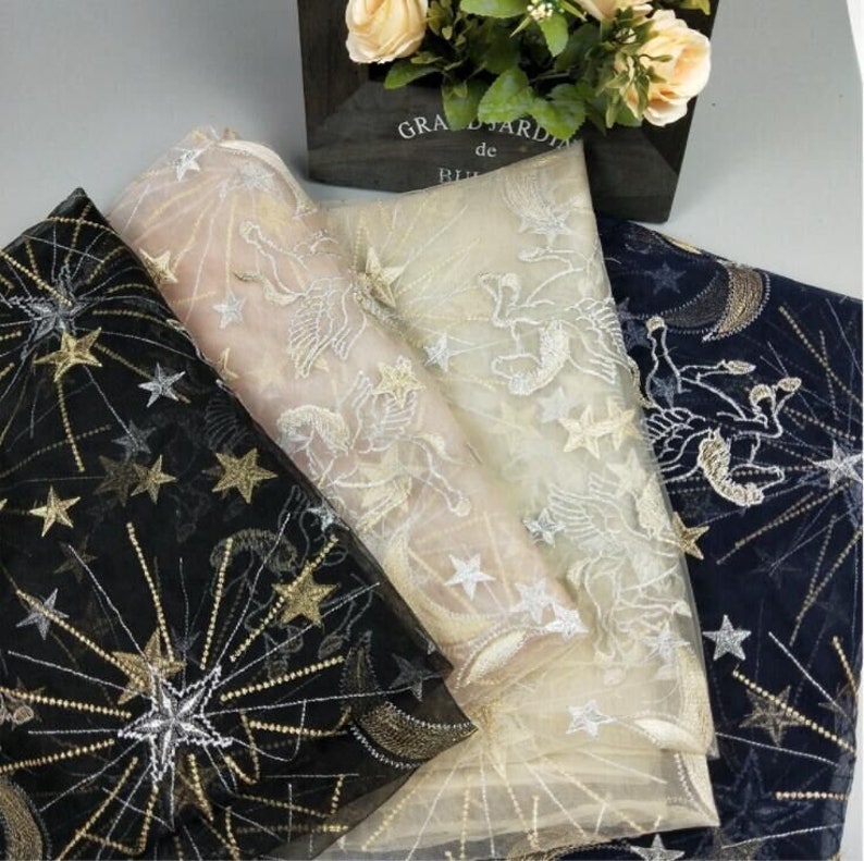 Navy Blue Lace Fabric Stars Moon Flying Horse Tulle Lace - Etsy