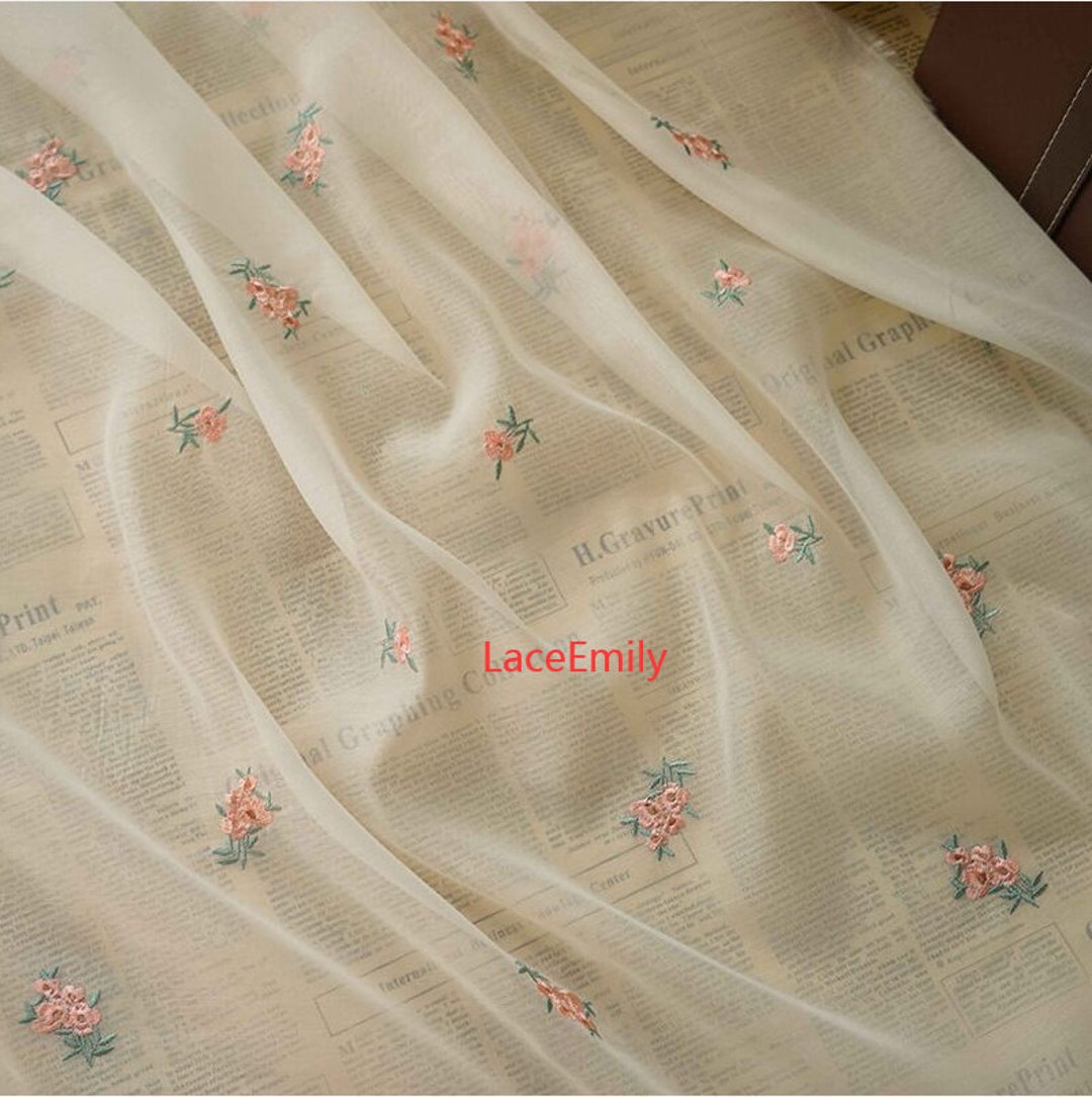Exquisite Pink Flower Embroidery Chiffon Fabric, Floral Beige Chiffon ...