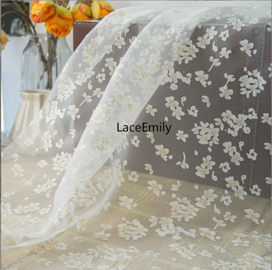Gold White Flower Pattern Organza Fabric, Floral Soft White Organza ...