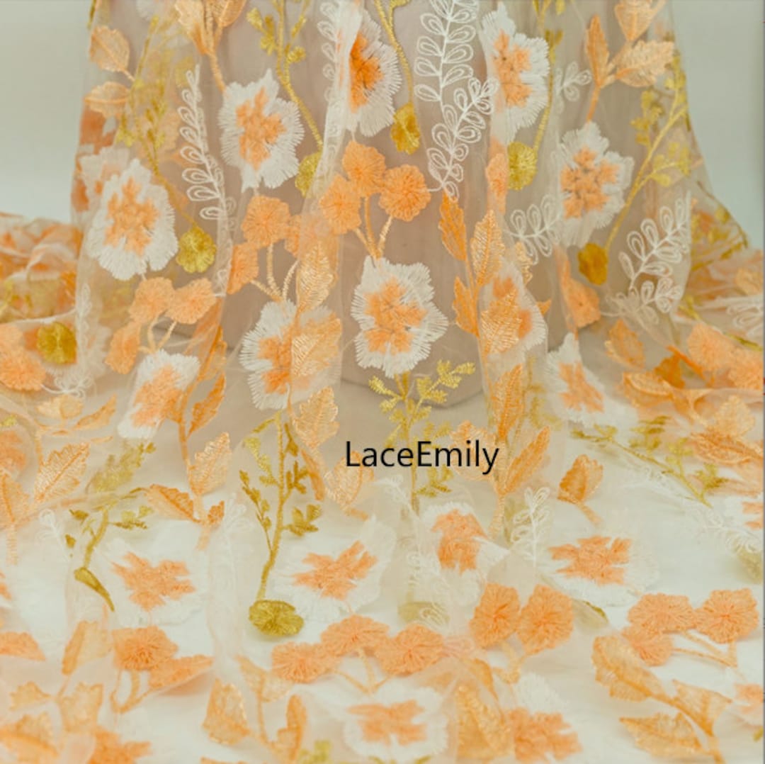 3 Colors Orange Flower Embroidery Lace Fabric Floral Tulle for Wedding ...