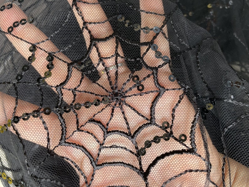 Black Spider Web Lace Fabric Black Sequin Embroidery Tulle Etsy