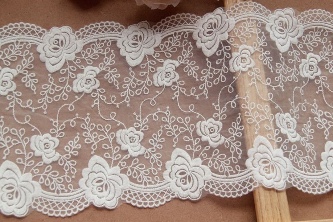 2 Yards Beautiful Rose Embroidery Lace Trim Rose Flower Organza Lace ...