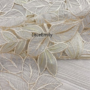 Light Gold Leaf Embroidery Organza Fabric Hollow Out 3D Leaves Organza ...
