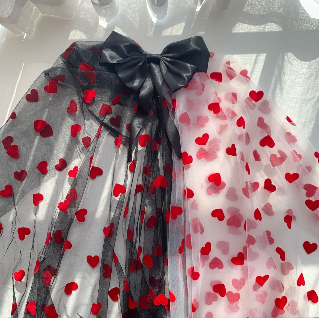 Red Heart Flocking Lace Fabric Heart Flocked Black White Soft Tulle ...