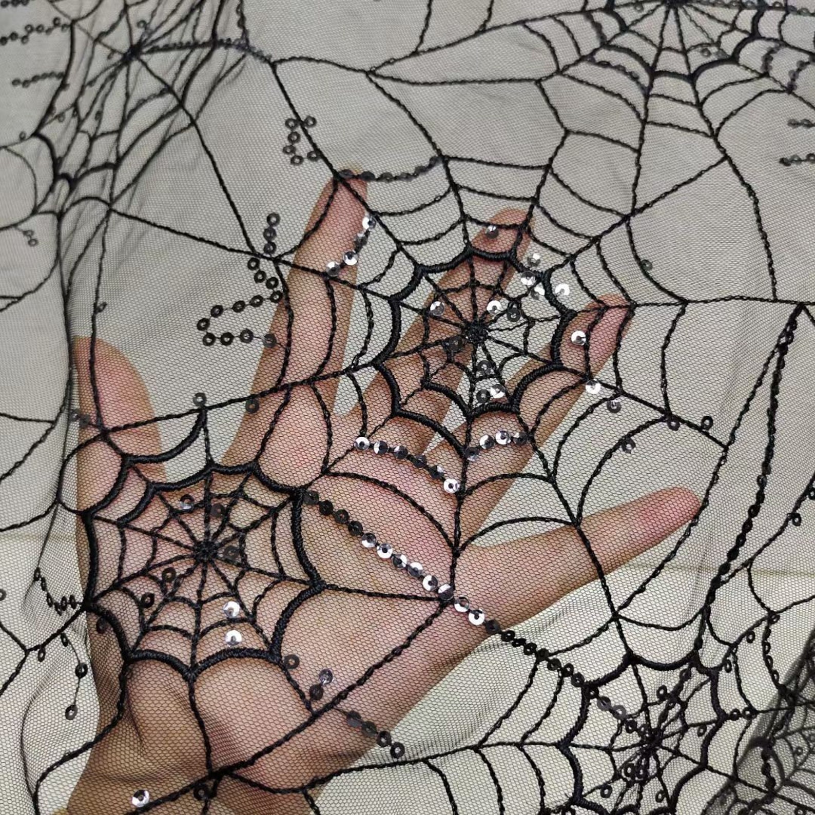 Black Spider Web Lace Fabric Black Sequin Embroidery Tulle Fabric for ...