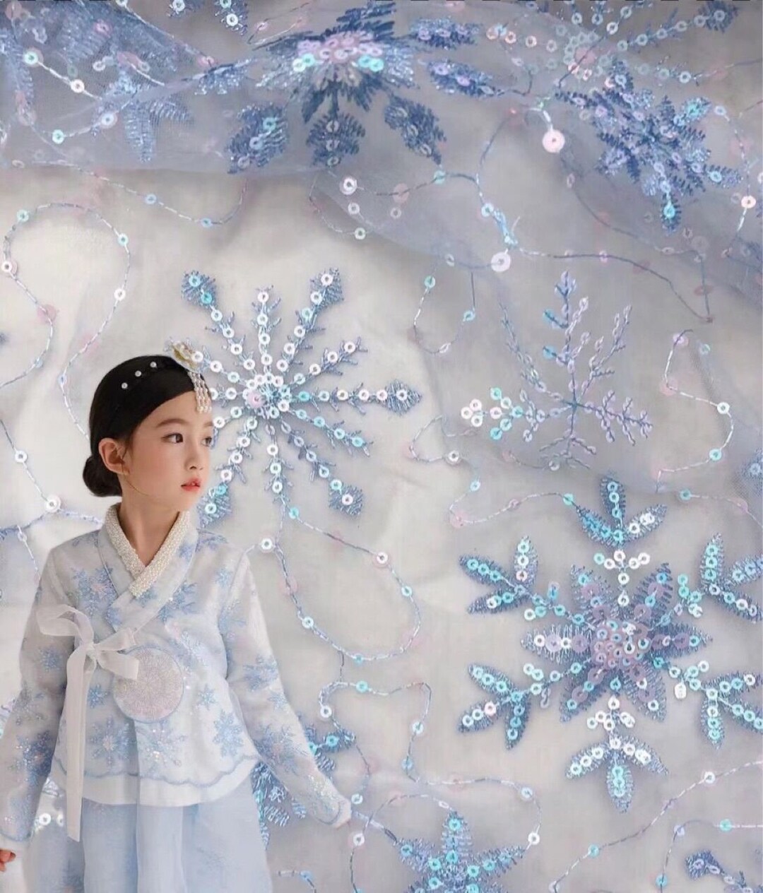 Light Blue Snowflake Sequins Embroidery Lace Fabric Pink Flower Mesh ...