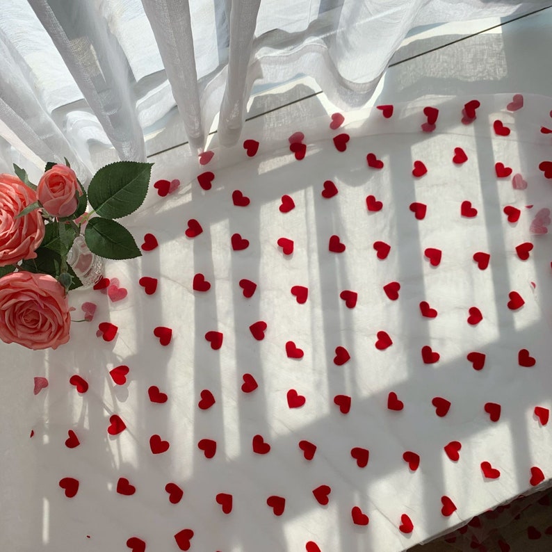 Red Heart Flocking Lace Fabric Heart Flocked Black White Soft Tulle ...