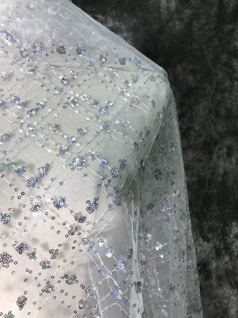 Sequined Rhinestone Embroidery Lace Fabric Rhinestone Soft White Tulle ...