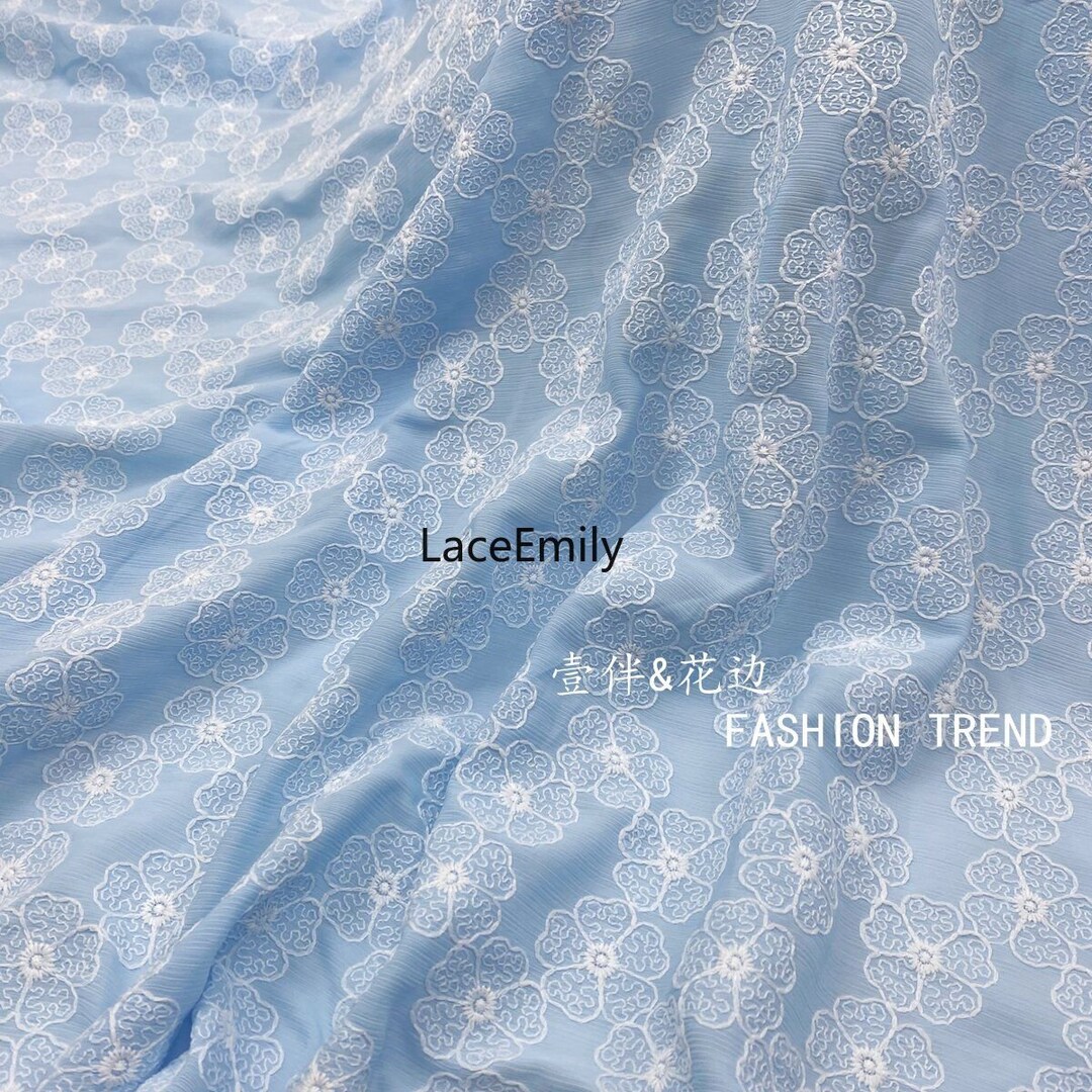 Flower Embroidery Light Blue Chiffon Fabric White Floral Chiffon Fabric ...