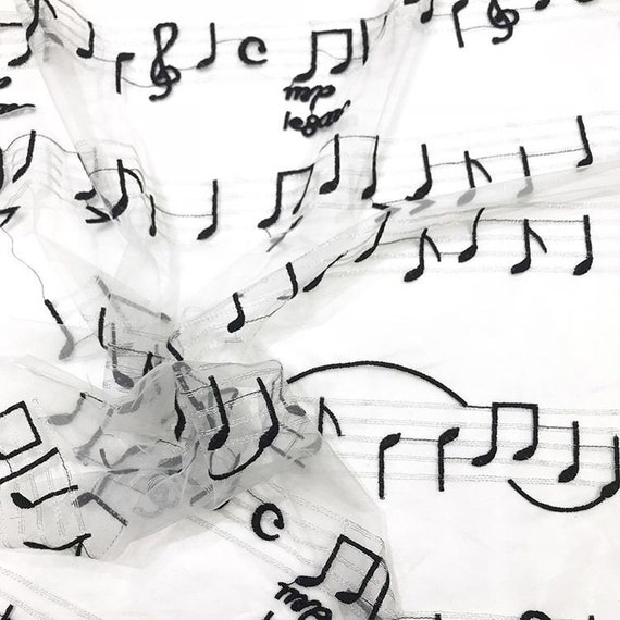 Ivory Music Note Embroidered Lace Fabric Musical Notes Tulle Fabric For ...