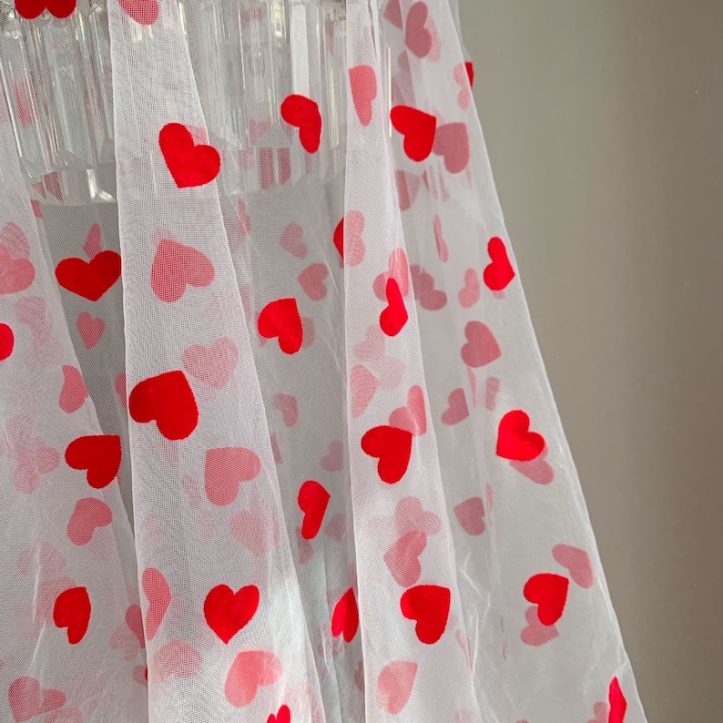 Red Heart Flocking Lace Fabric Heart Flocked Black White Soft Tulle ...