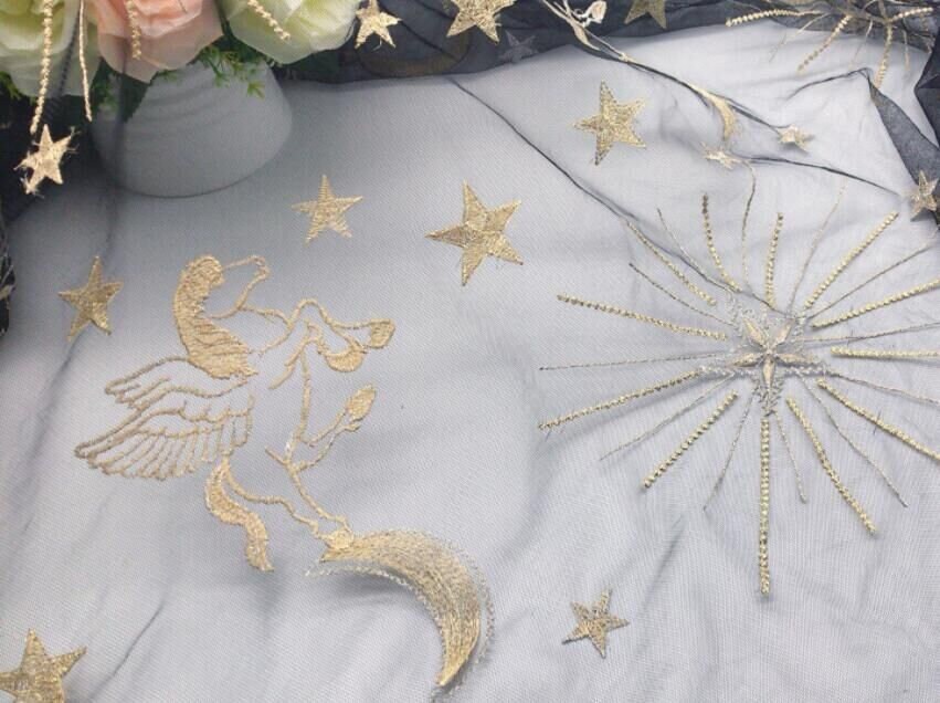 Navy Blue Lace Fabric, Stars Moon Flying Horse Tulle Lace Fabric Gold ...