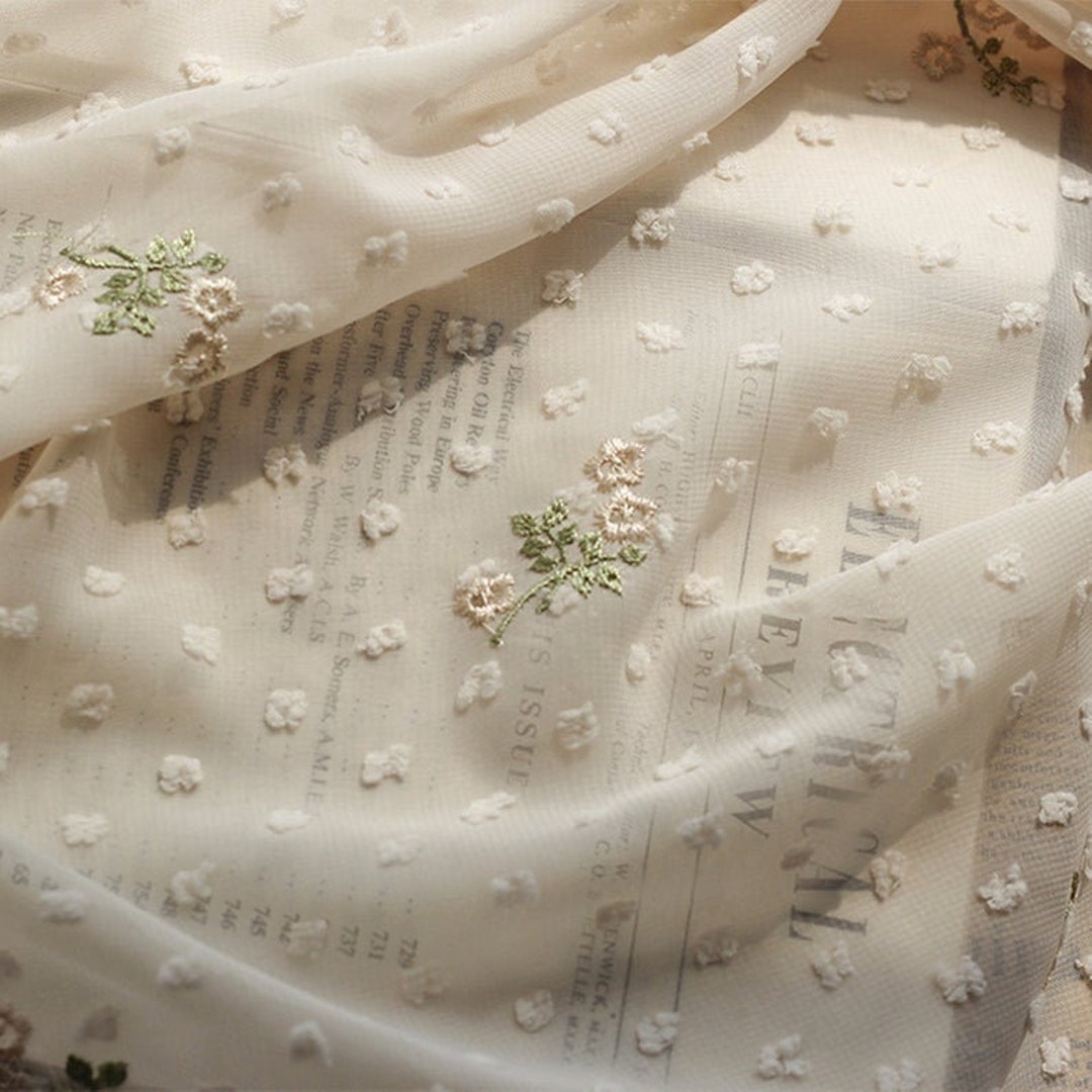 Small Flower Embroidery Chiffon Fabric, Flower Polka Dot Fabric, Floral ...