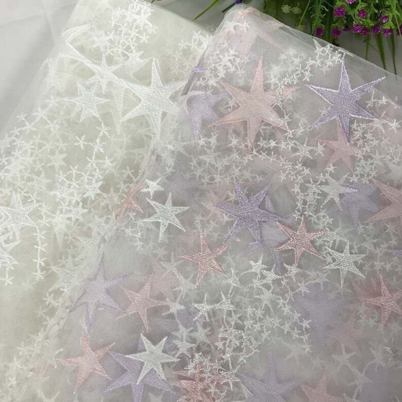 4 Colors Star Embroidered Lace Fabric, Star Soft Tulle Lace for Girl ...
