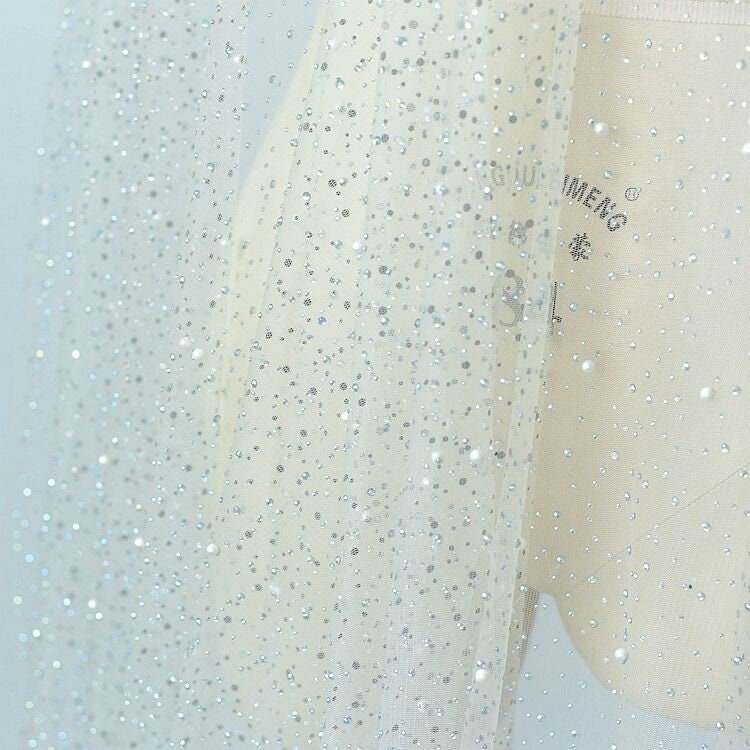 Colorful rhinestone pearl beaded lace fabric White Nude Tulle | Etsy