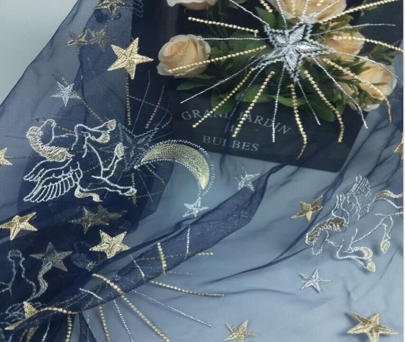 Navy Blue Lace Fabric, Stars Moon Flying Horse Tulle Lace Fabric Gold ...