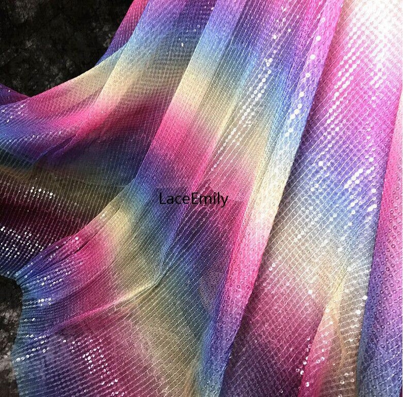 Rainbow Gradient Sequins Lace Fabric Colorful Sequin Tulle Fabric for ...
