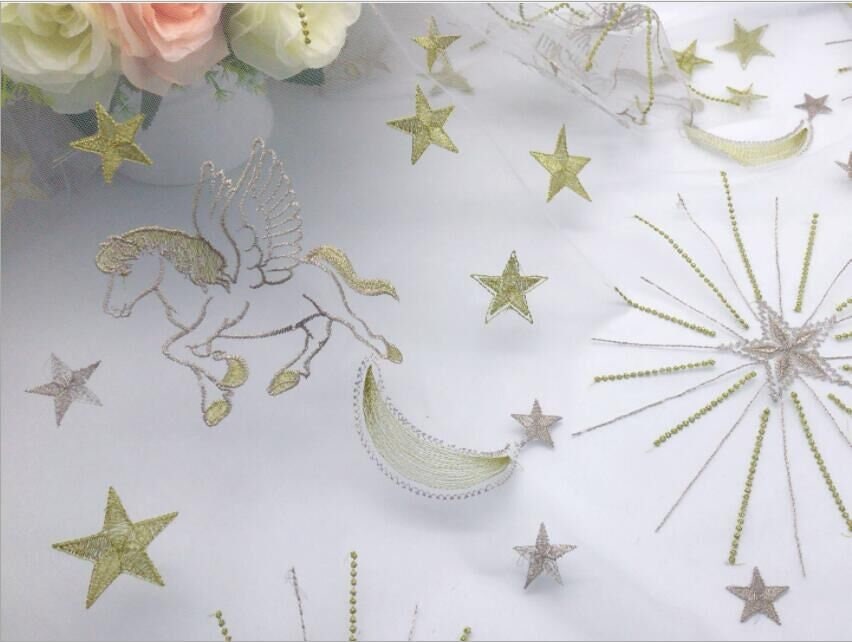 Navy Blue Lace Fabric, Stars Moon Flying Horse Tulle Lace Fabric Gold ...