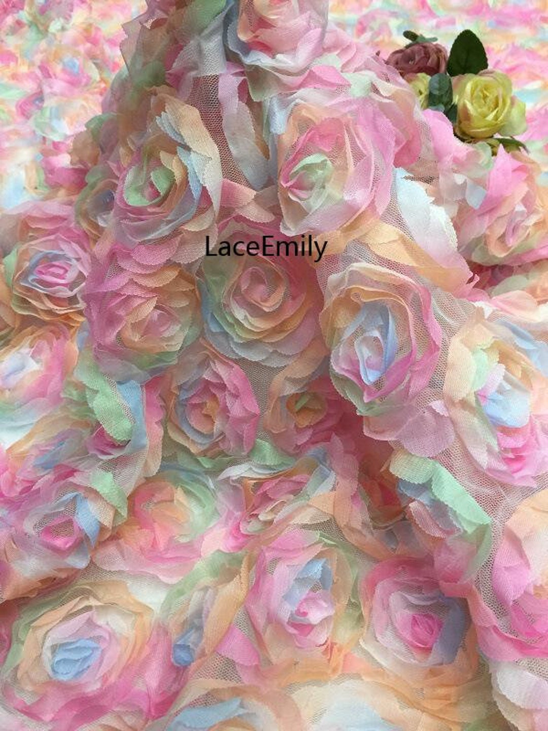 5 Colors Gradient 3D Rose Flower Lace Fabric Chiffon Rainbow Rose ...