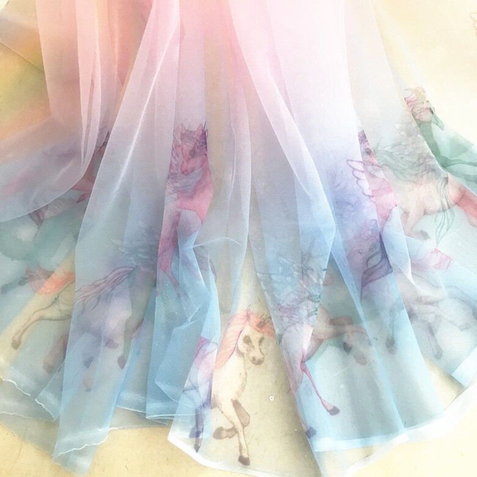 2 Colors Pink Blue Gradient Unicorn Printed Lace Fabric Rainbow Soft ...
