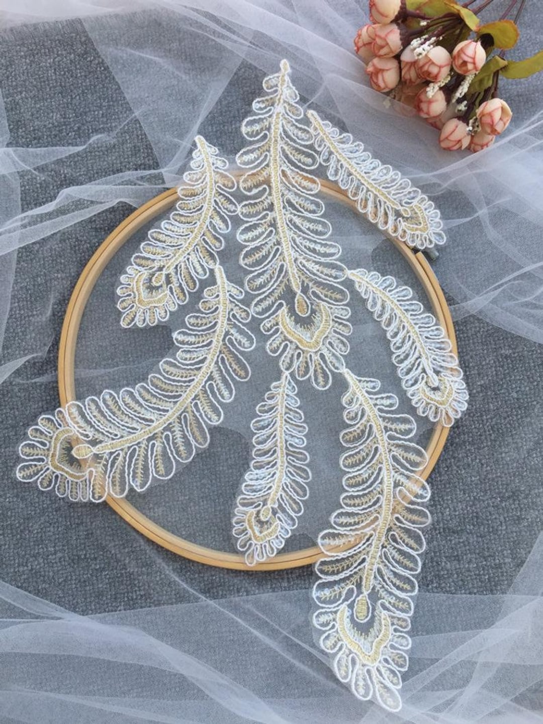 1pc 3D Ivory Gold Sequin Feather Lace Applique Gold Feather Embroidery ...