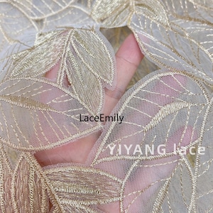 Light Gold Leaf Embroidery Organza Fabric Hollow Out 3D Leaves Organza ...