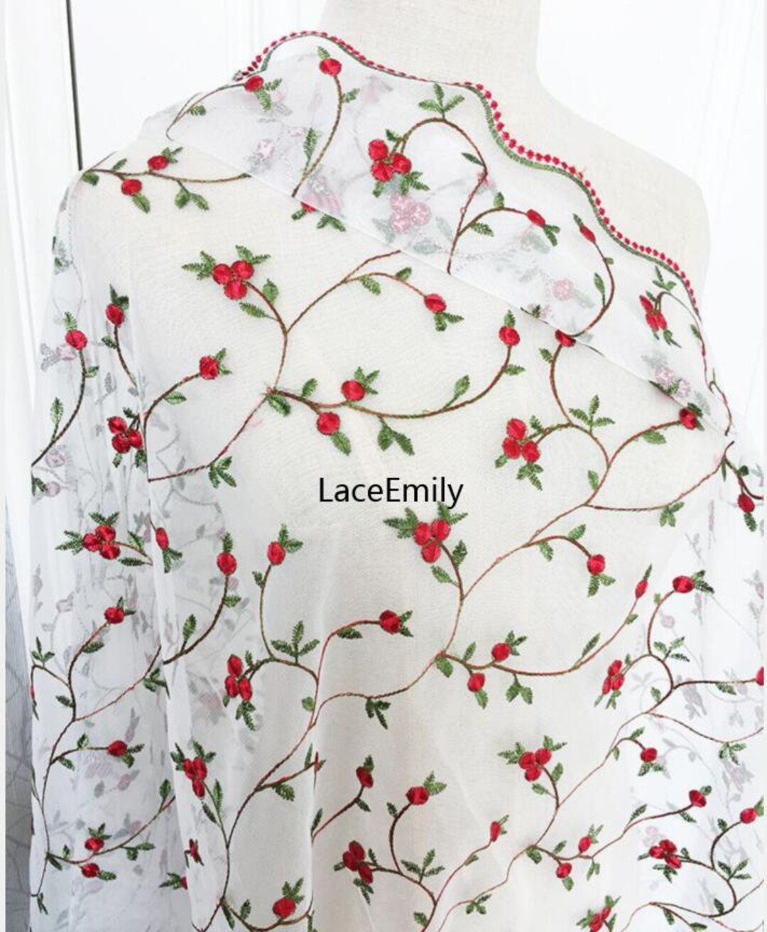 Red Flower Embroidery Fabric Pink Floral White Tulle Fabric - Etsy