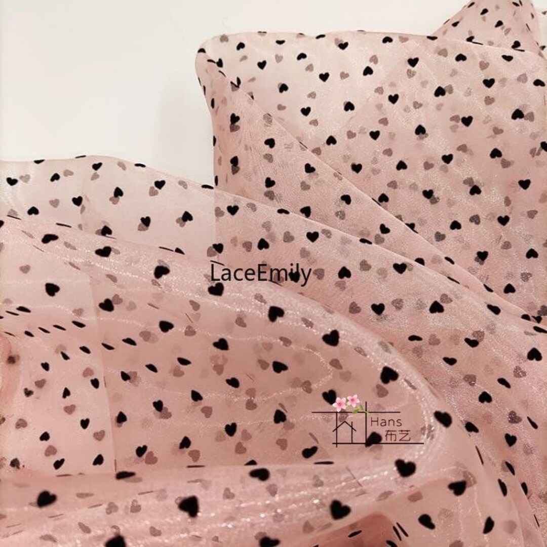 Black Love Heart Flocked Organza Lace Fabric Heart Organza Tulle for ...