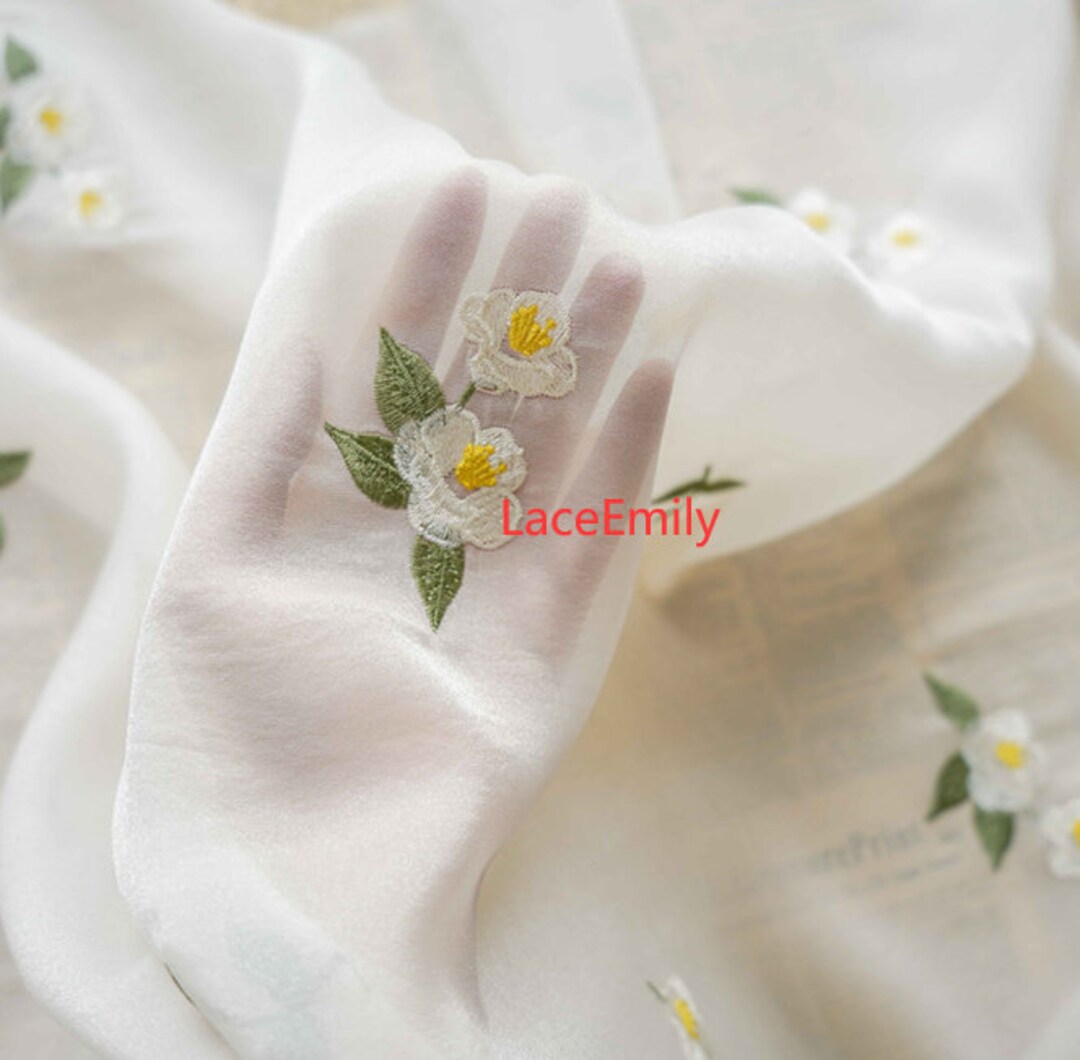 3D Flower Embroidery Chiffon Fabric, Small Floral White Chiffon Fabric ...