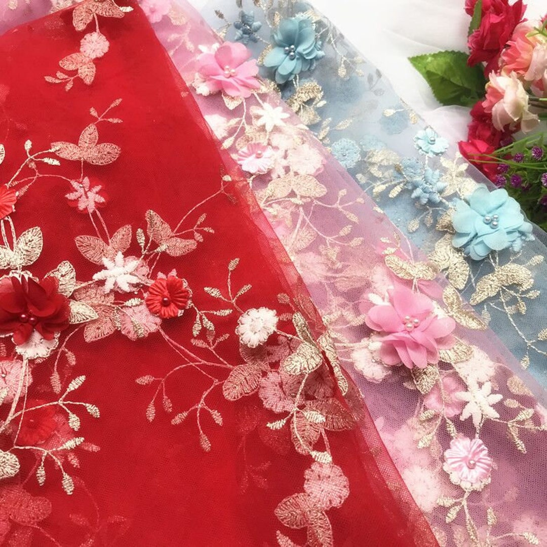 7 Colors 3D Chiffon Flowers Gold Embroidery Lace Fabric Flower Beaded ...