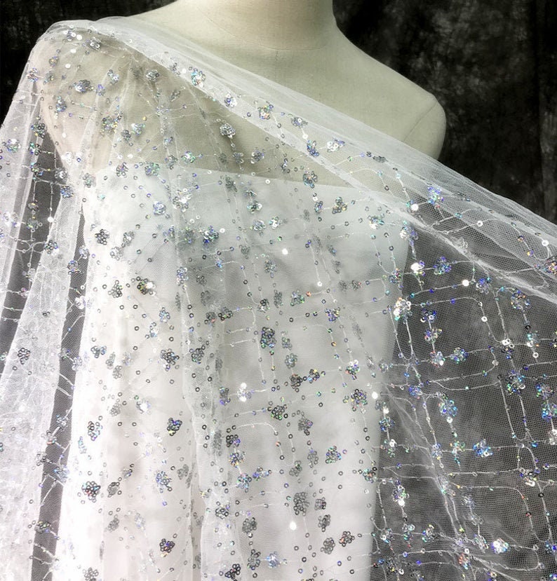 Sequined Rhinestone Embroidery Lace Fabric Rhinestone Soft White Tulle ...