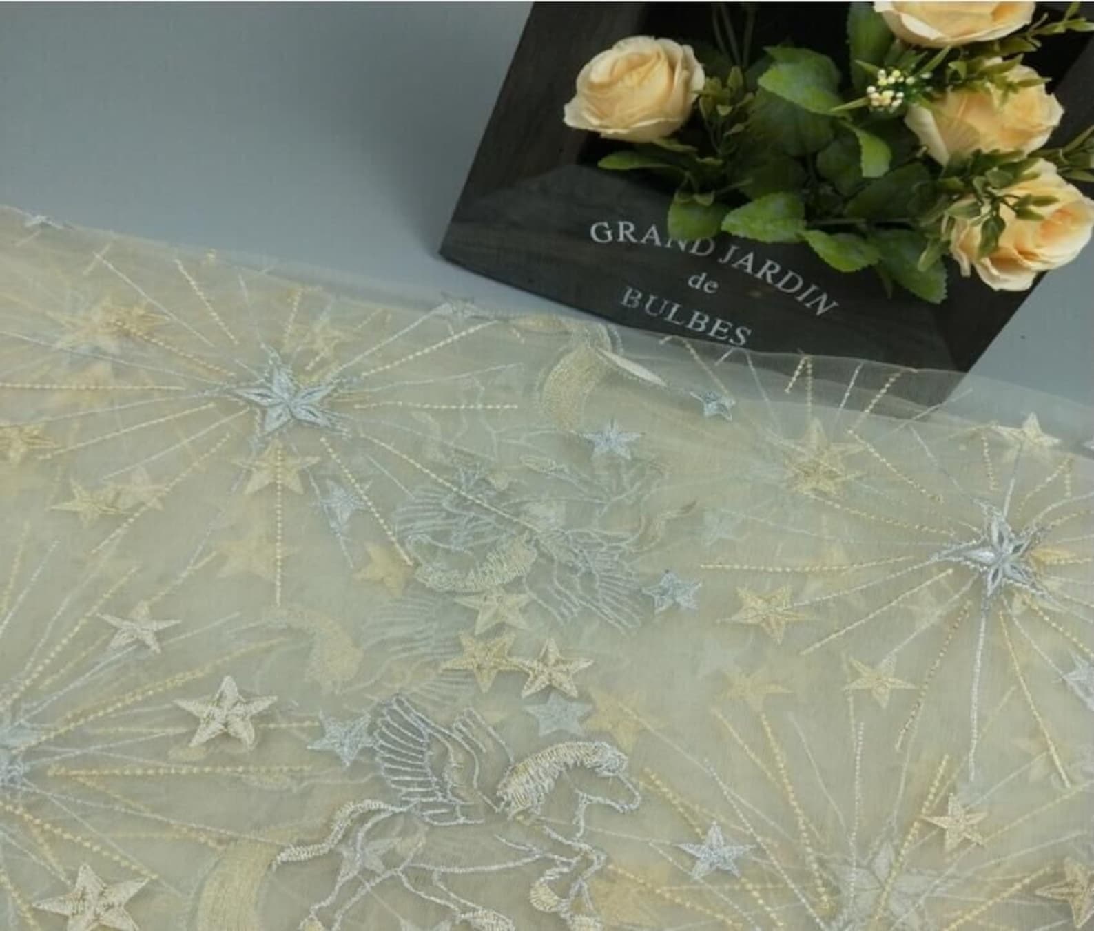 Navy Blue Lace Fabric, Stars Moon Flying Horse Tulle Lace Fabric Gold ...