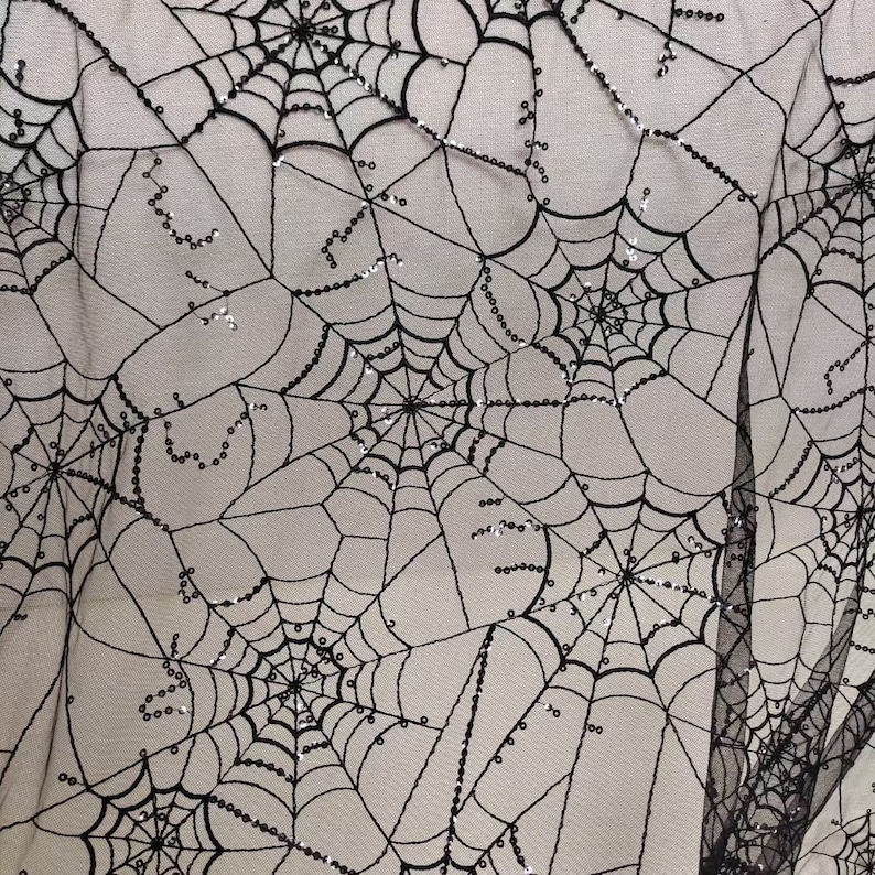 Black Spider Web Lace Fabric Black Sequin Embroidery Tulle Etsy